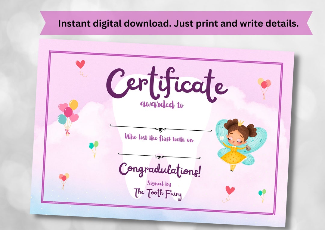 Tooth Fairy Certificate, Printable Digital Download, First Tooth, Tooth ...