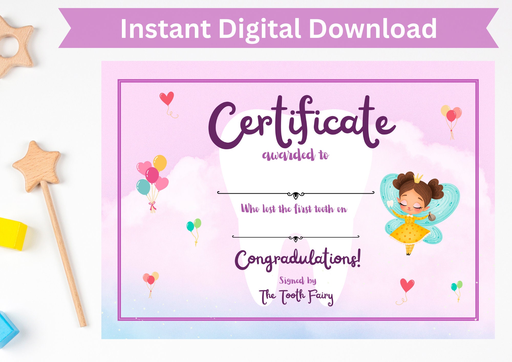 Tooth Fairy Certificate, Printable Digital Download, First Tooth, Tooth ...