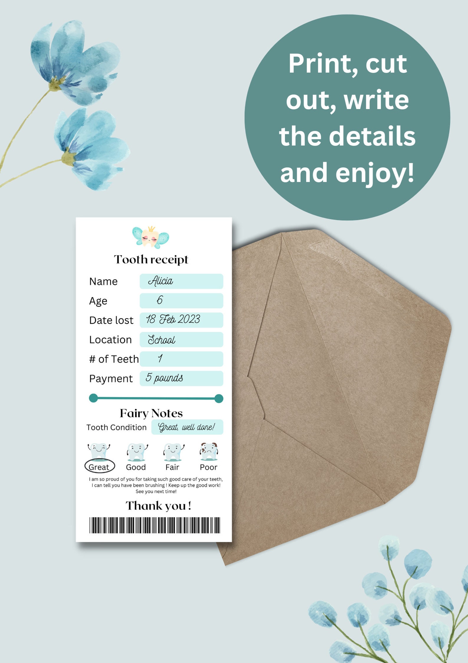Tooth Fairy 6 Receipts, Printable Digital Download, First Tooth, Tooth ...
