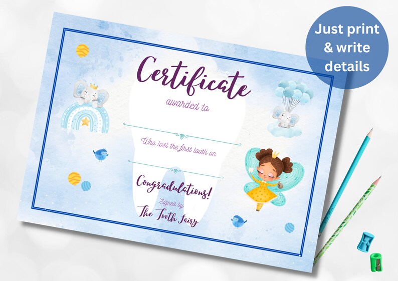 Tooth Fairy Certificate, Printable Digital Download, First Tooth, Tooth ...