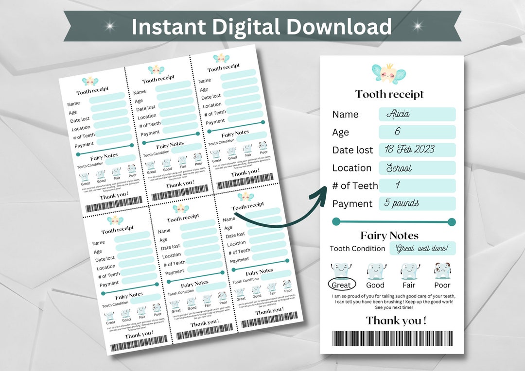 Tooth Fairy 6 Receipts, Printable Digital Download, First Tooth, Tooth ...