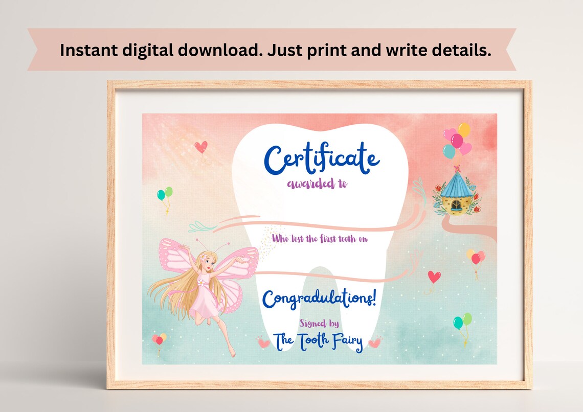 Tooth Fairy Certificate, Printable Digital Download, First Tooth, Tooth ...