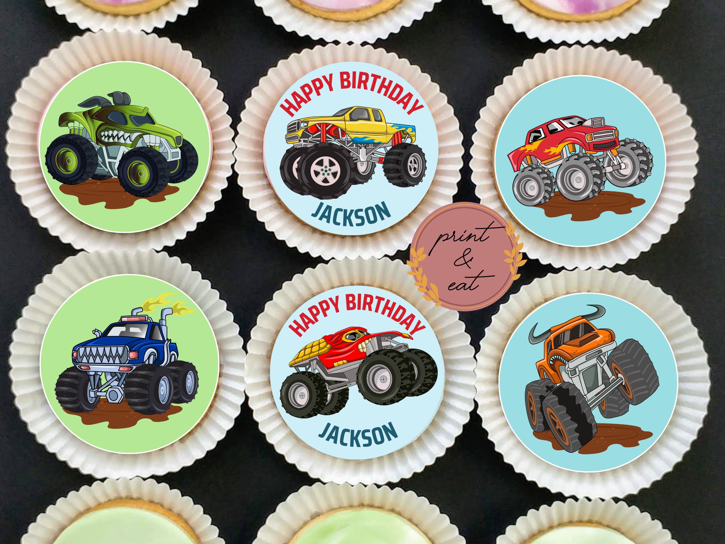 Personalised Edible Monster Truck Cupcake Toppers, Edible Monster Truck ...