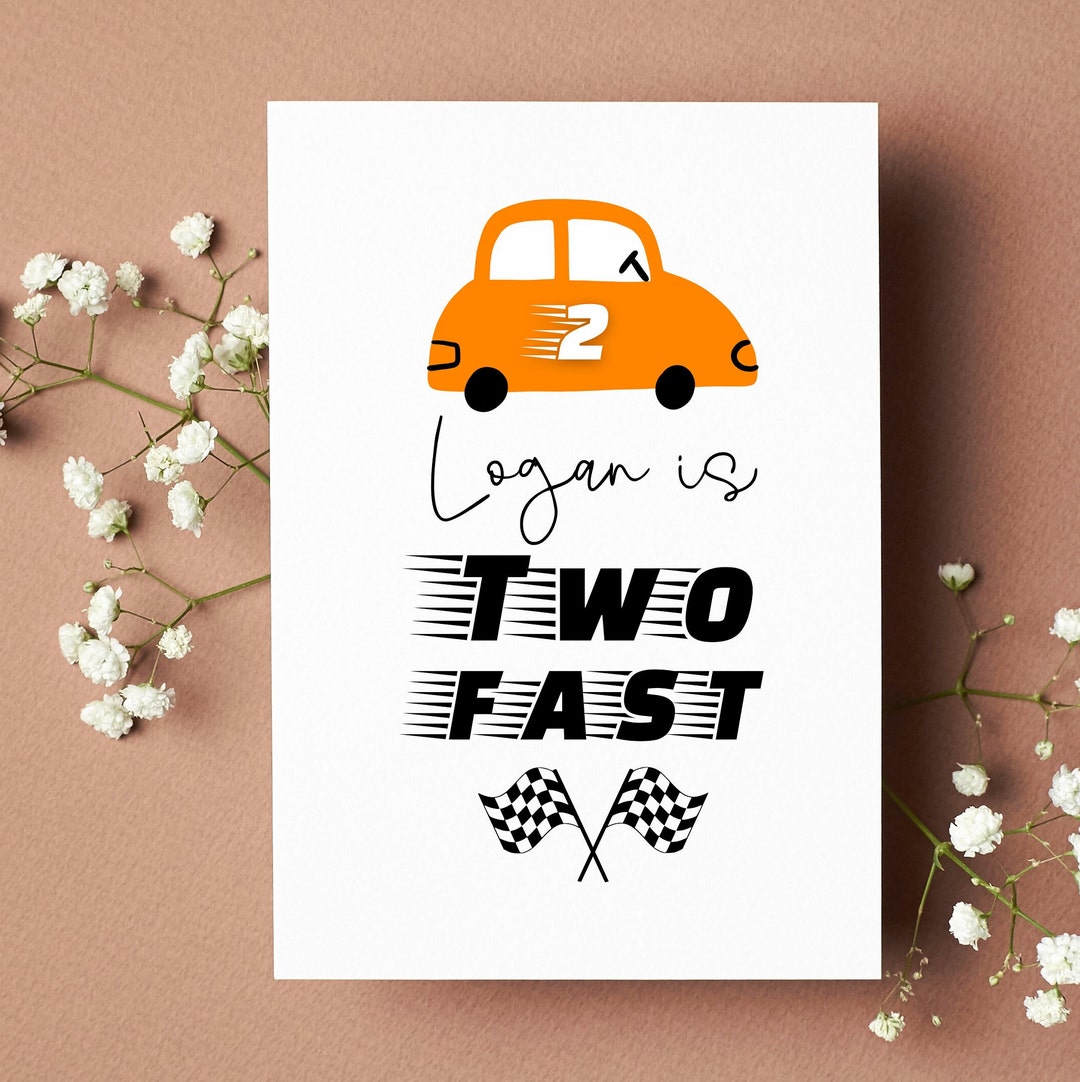 Two Fast Personalised Racing Car Second Birthday Card Son Grandson 2nd ...