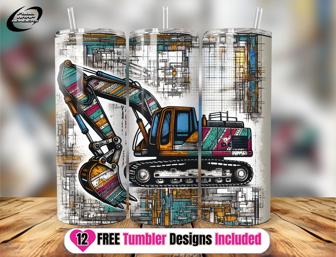 Construction Excavator Tumbler Wrap, Excavator 20 Oz Skinny Tumbler ...