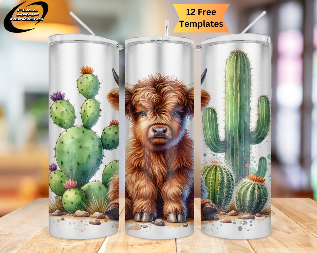 Cute Highland Cow and Cactus Digital Art Print, Southwestern Tumbler ...