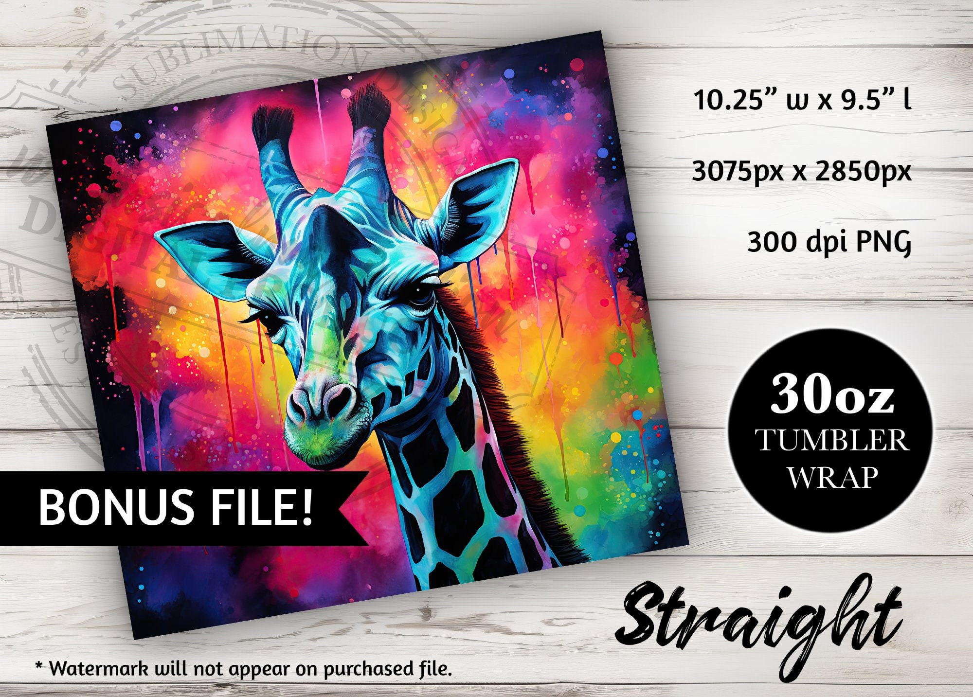Colorful Neon Giraffe 20oz Skinny Tumbler Wrap PNG for Sublimation ...