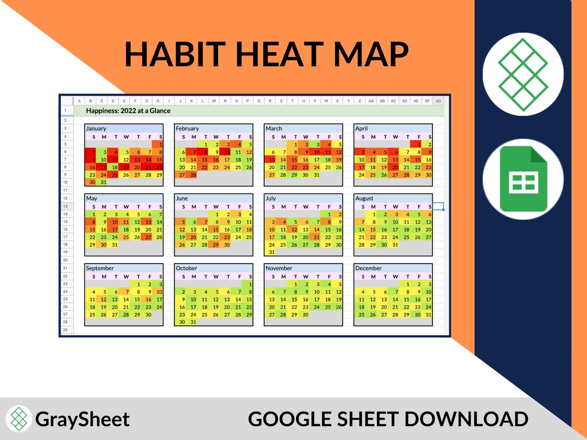 Daily Habit Tracker Spreadsheet | Habit Heat Map Spreadsheet | Annual ...