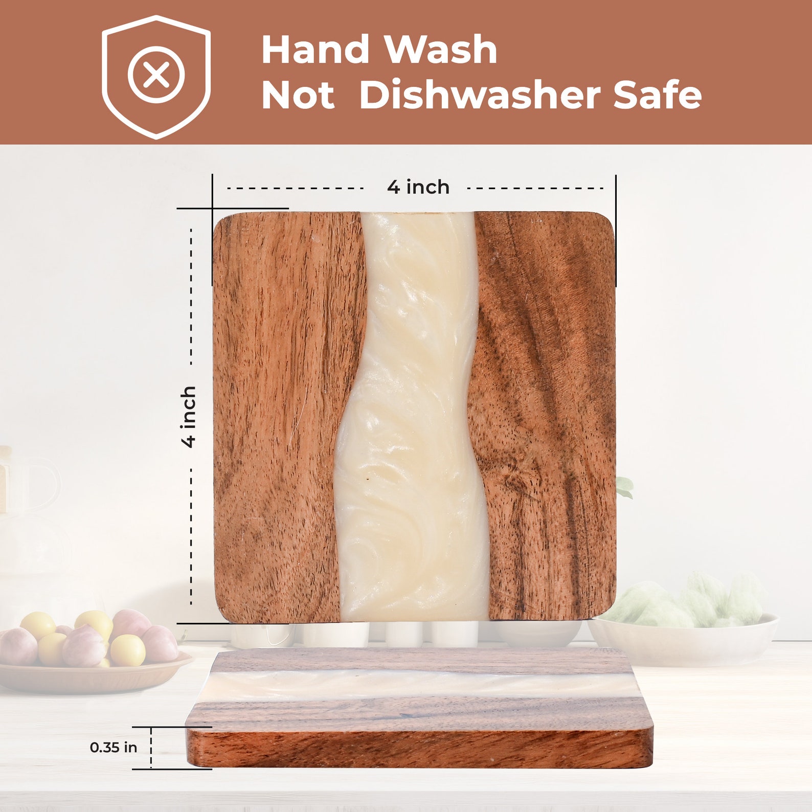 Acacia Wood Ivory Epoxy Resin River Coasters Set of 4 With Holder, Cute ...