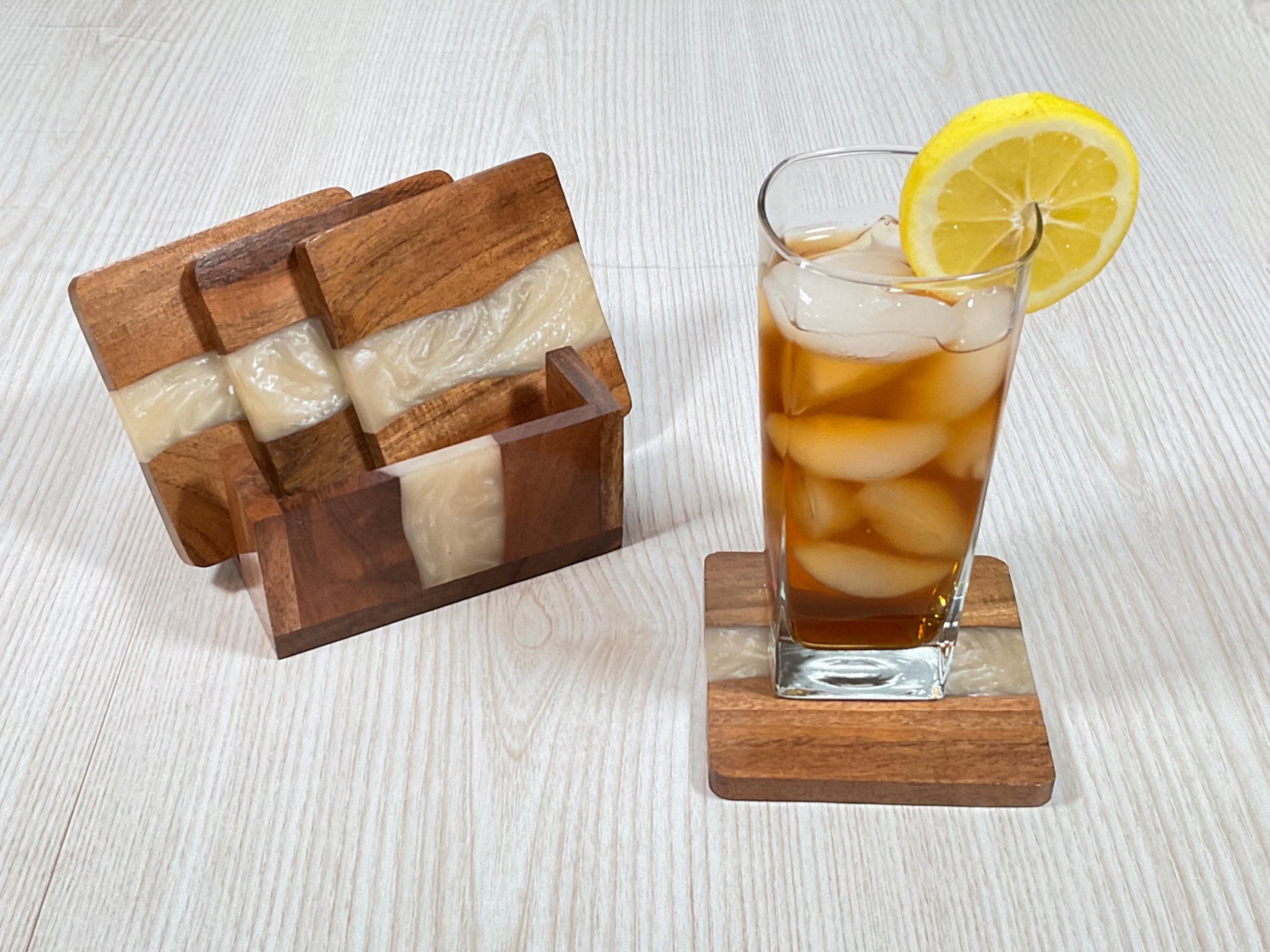 Acacia Wood Ivory Epoxy Resin River Coasters Set of 4 With Holder, Cute ...