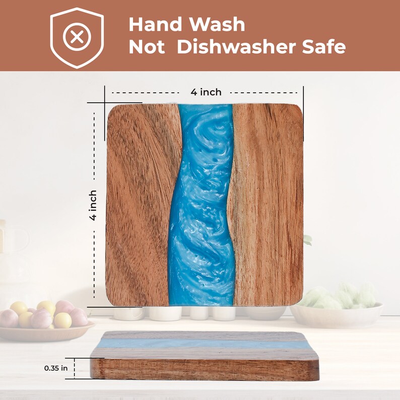 Live Edge Wood Blue Epoxy Resin Drink Coasters With Holder, Wooden ...