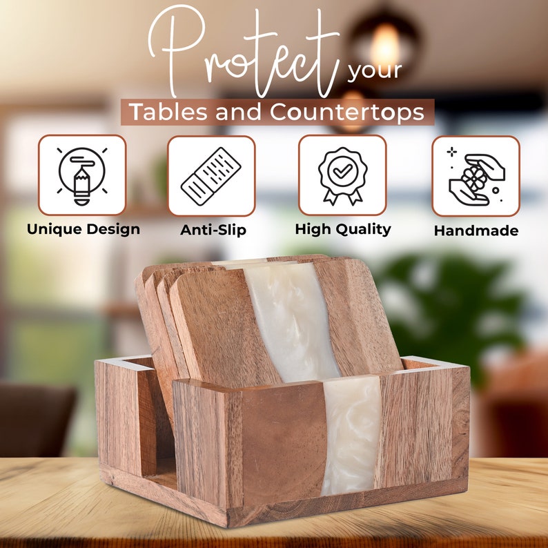 Acacia Wood Ivory Epoxy Resin River Coasters Set of 4 With Holder, Cute ...