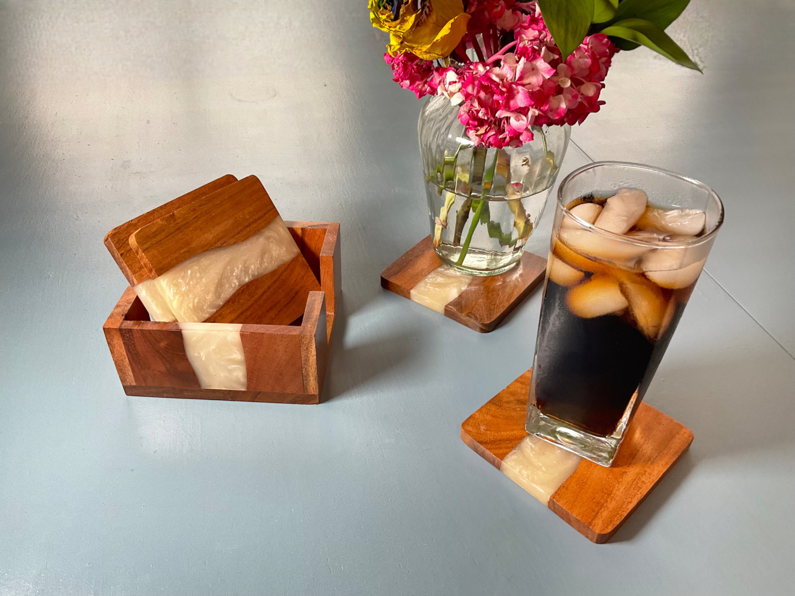 Acacia Wood Ivory Epoxy Resin River Coasters Set of 4 With Holder, Cute ...