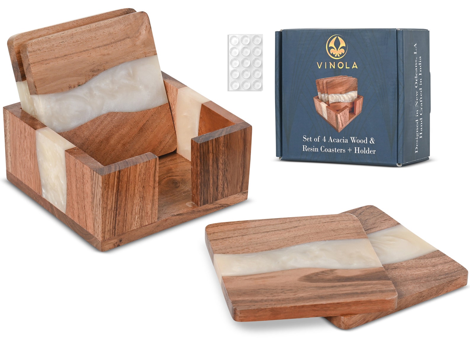 Acacia Wood Ivory Epoxy Resin River Coasters Set of 4 With Holder, Cute ...