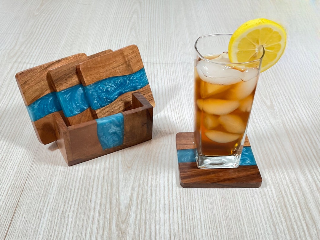 Live Edge Wood Blue Epoxy Resin Drink Coasters With Holder, Wooden ...