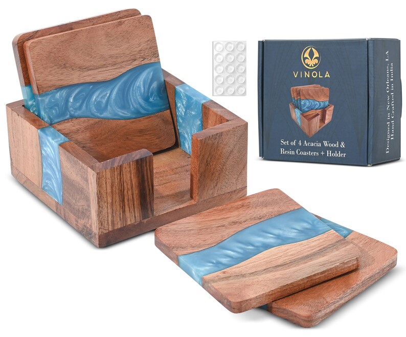 Live Edge Wood Blue Epoxy Resin Drink Coasters With Holder, Wooden ...
