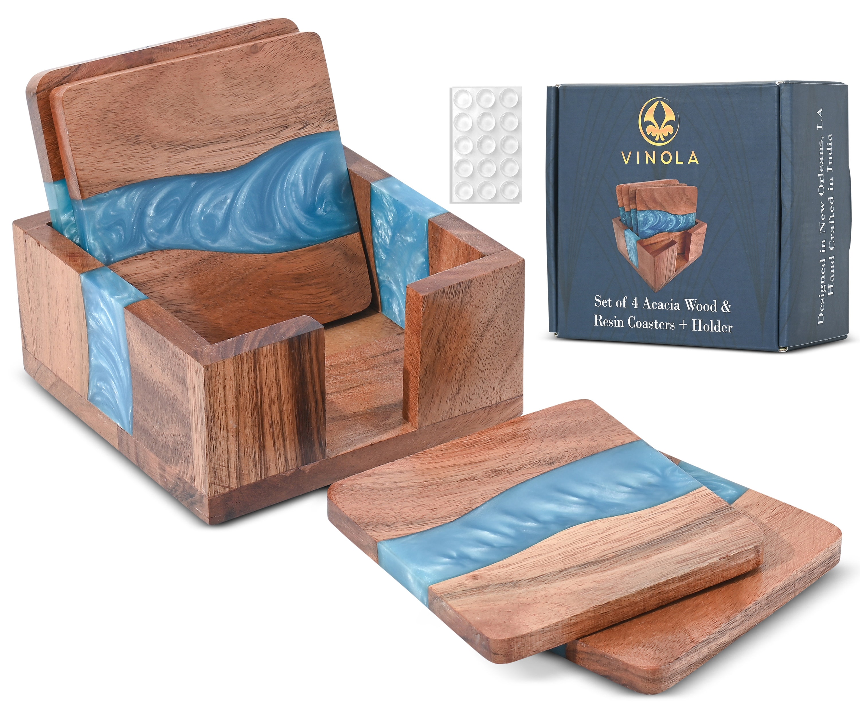 Live Edge Wood Blue Epoxy Resin Drink Coasters With Holder, Wooden ...