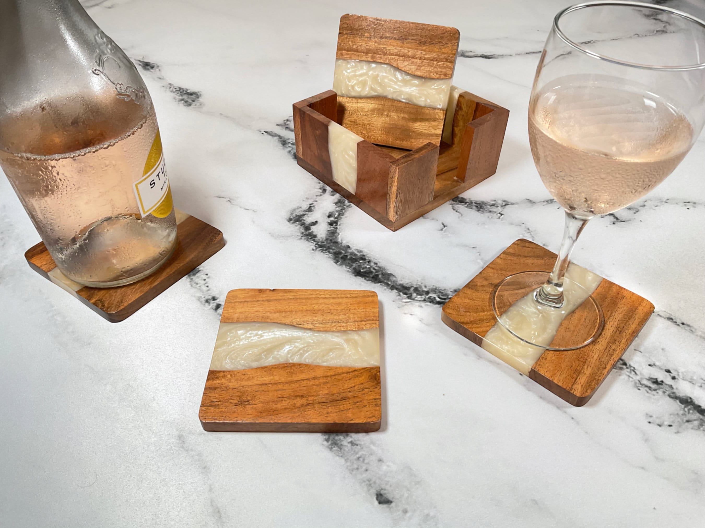 Acacia Wood Ivory Epoxy Resin River Coasters Set of 4 With Holder, Cute ...