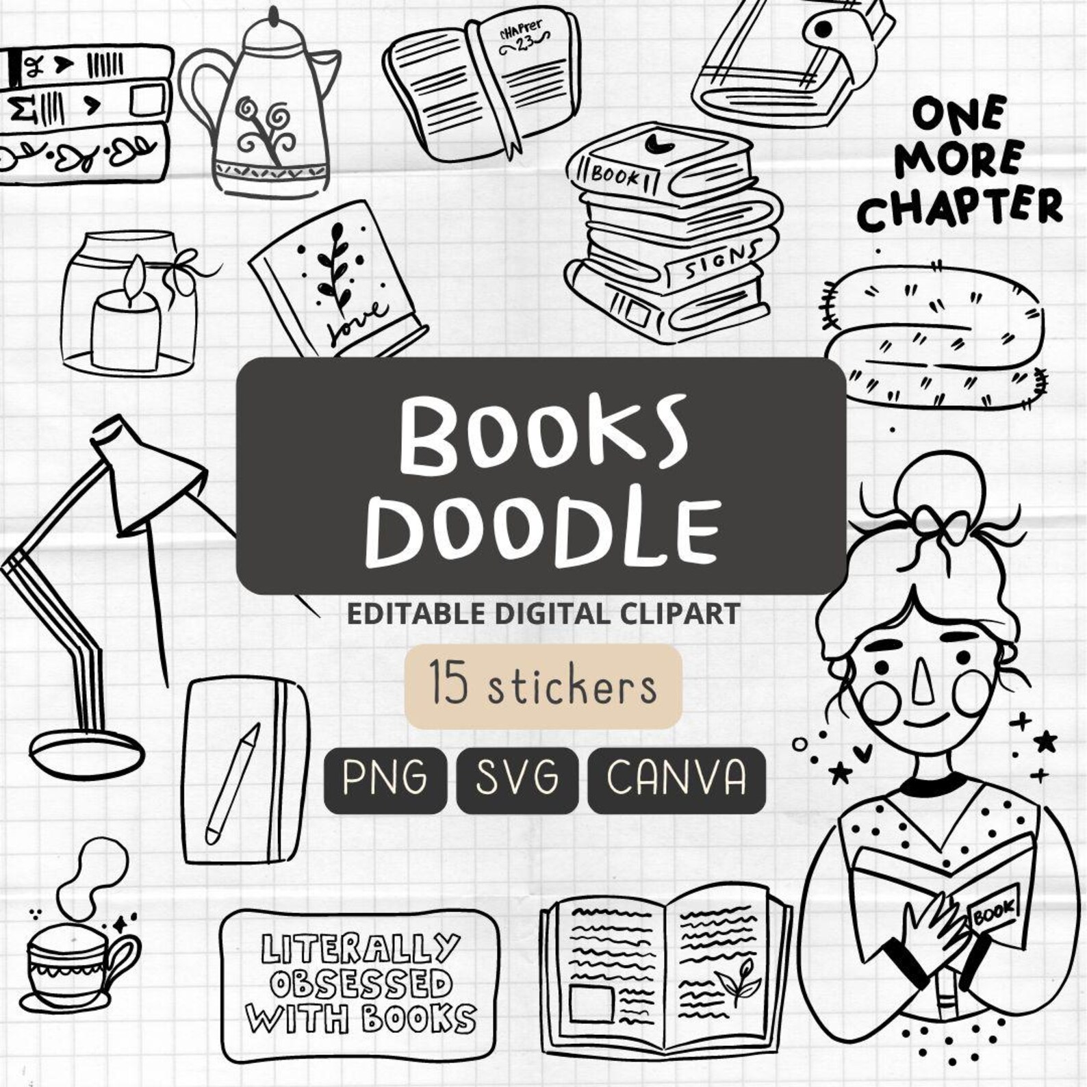 Cute Books and Reader Icons | Doodle Set, Digital Clipart for Planner ...