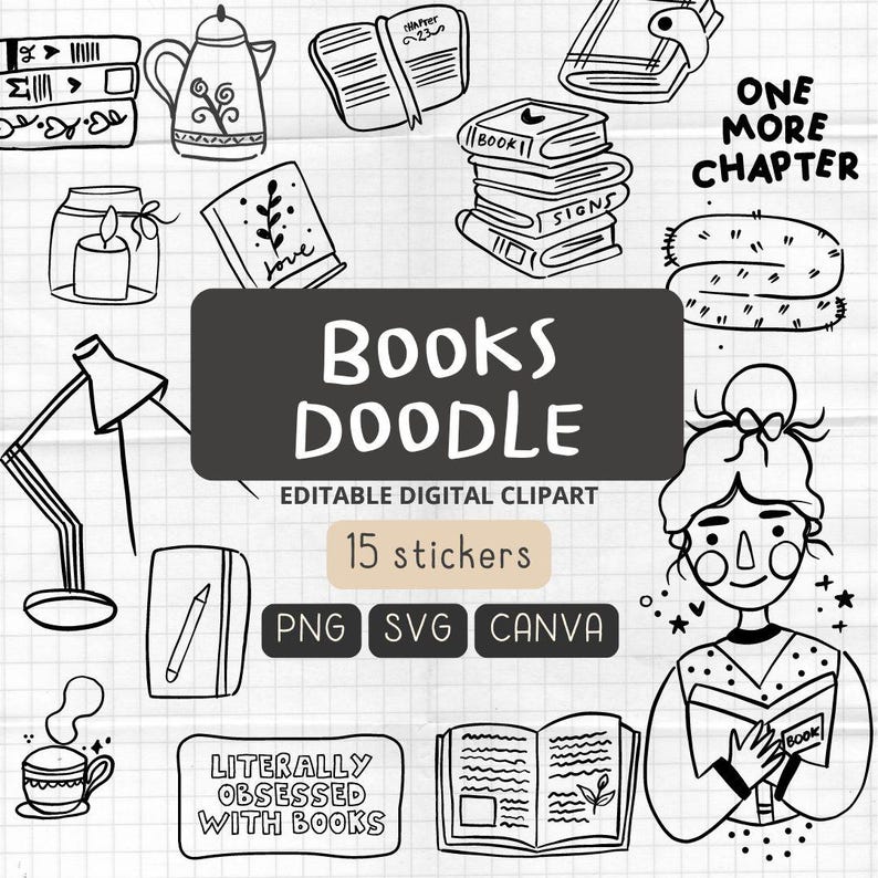 Cute Books and Reader Icons | Doodle Set, Digital Clipart for Planner ...