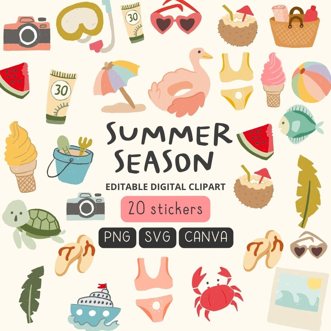 Summer Season Clipart Vacations Digital Stickers Digital Clipart Summer ...