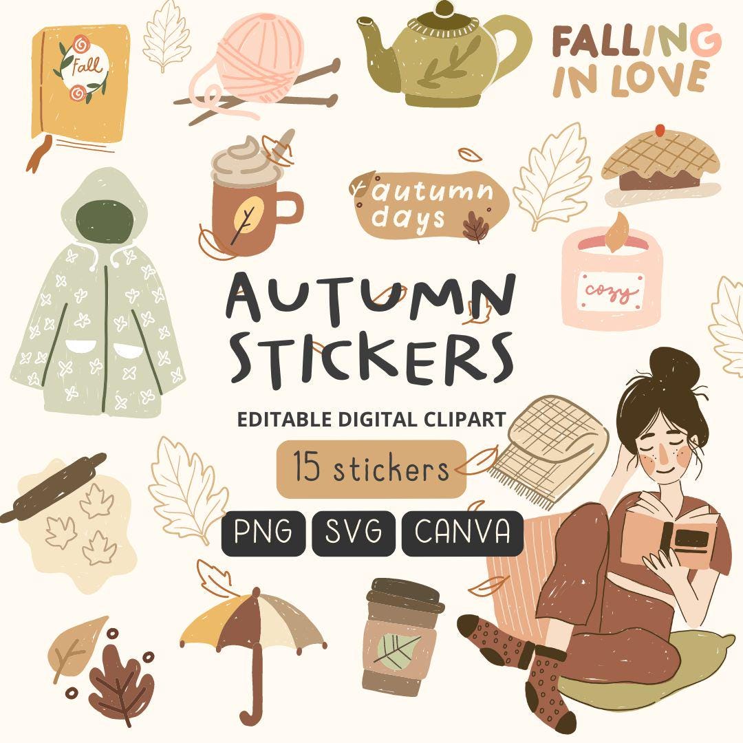 Cozy Autumn Digital Stickers Set for Print or Goodnotes, SVG & PNG ...