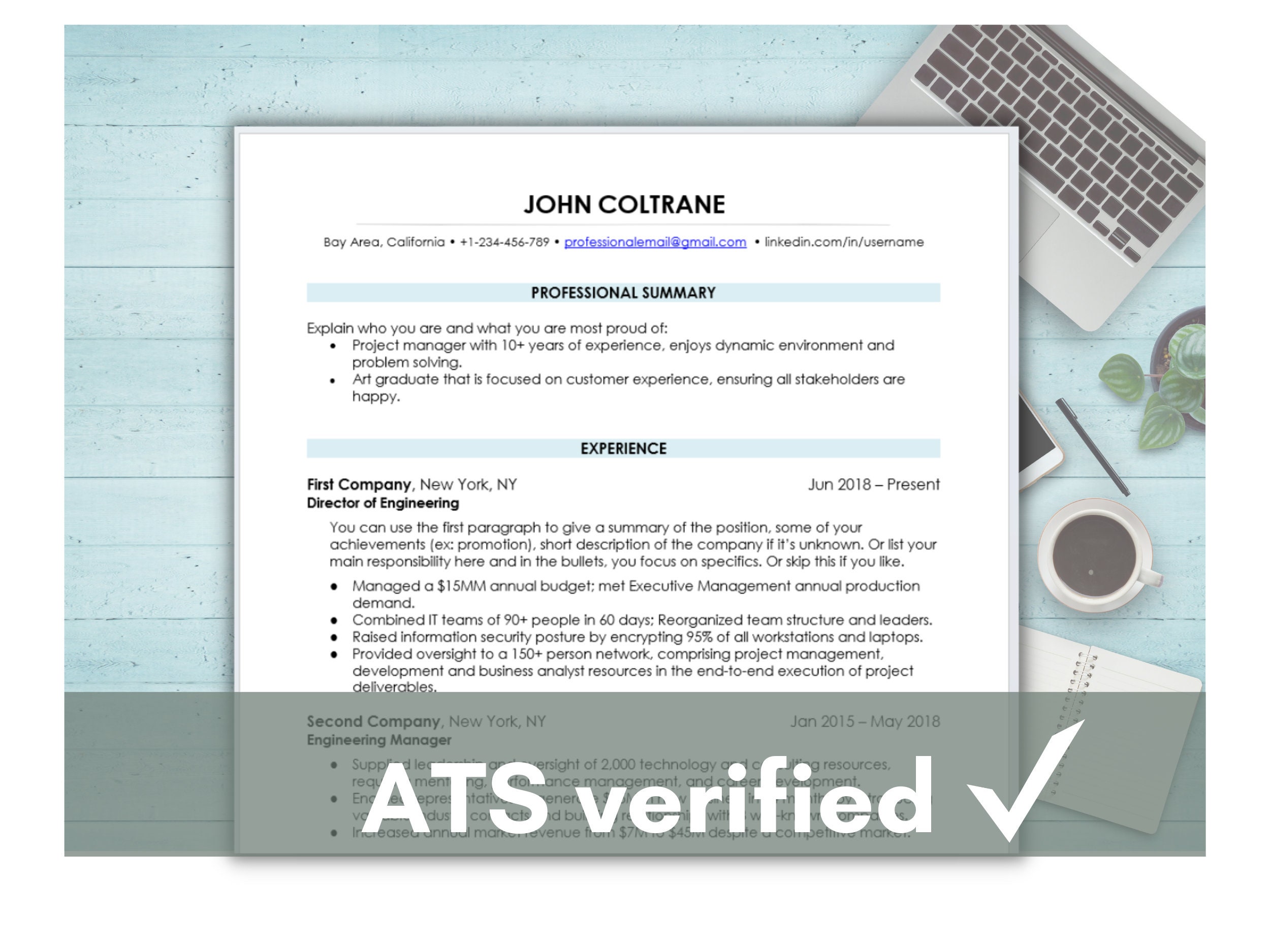 ATS Friendly Resume Template for MS Word and Pages, Director, C Level ...