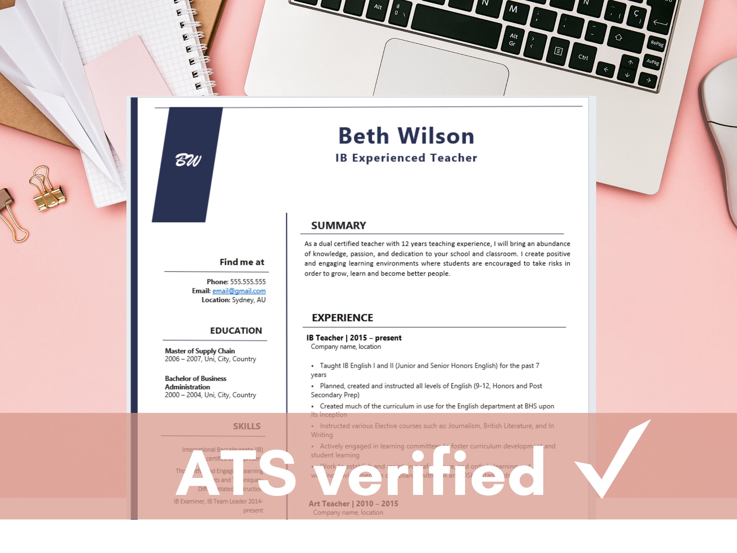 Teacher Resume Template for Word & Pages, Elementary School Teacher ...