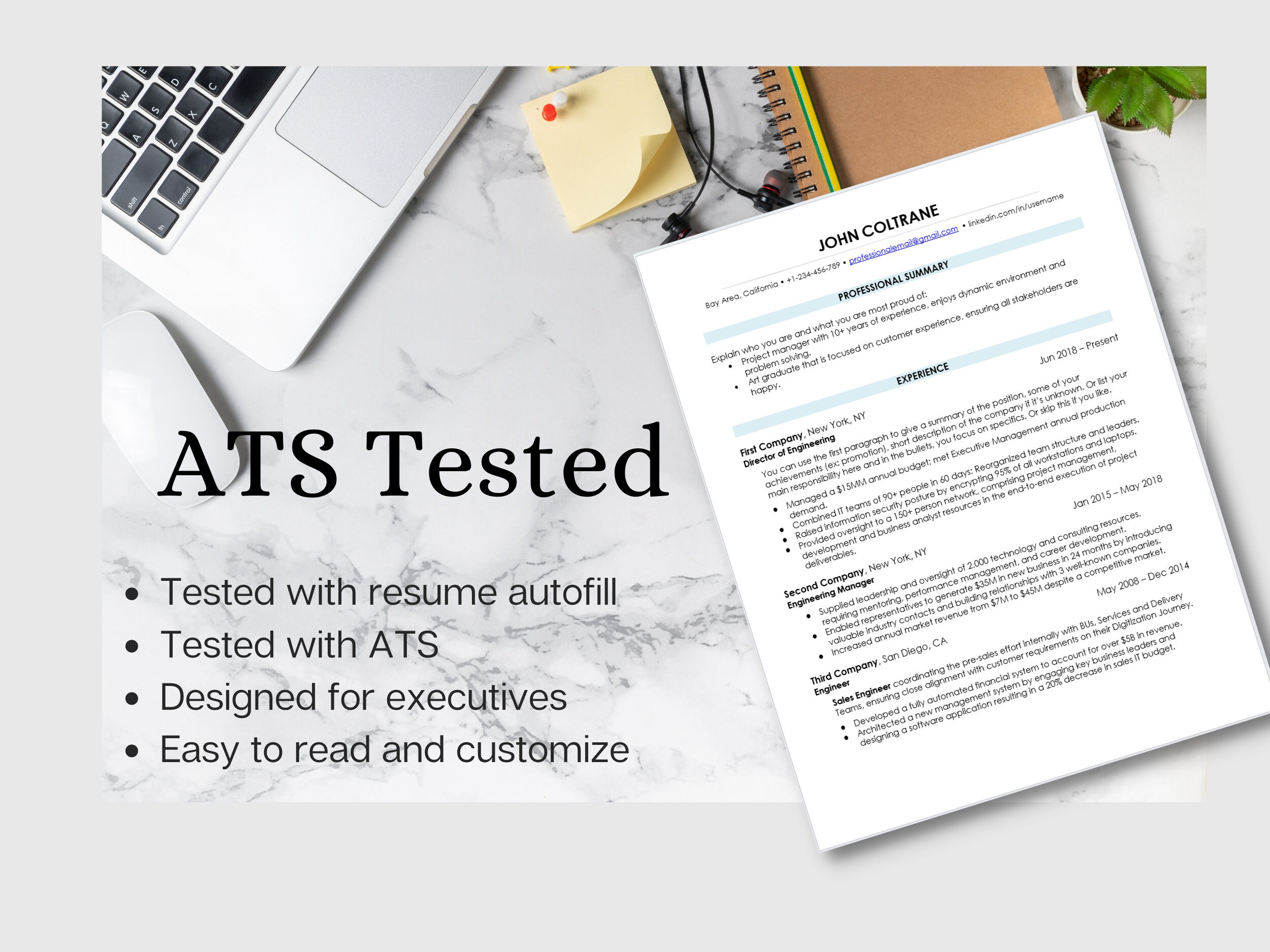 ATS Friendly Resume Template for MS Word and Pages, Director, C Level ...