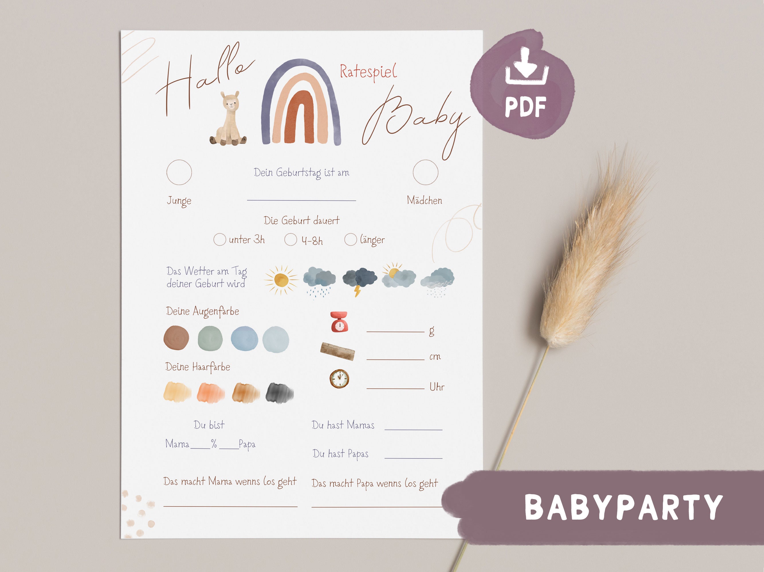 Babyparty Spiel Karte, Babyshower Tippkarte Regenbogen Lama, Ratekarte ...