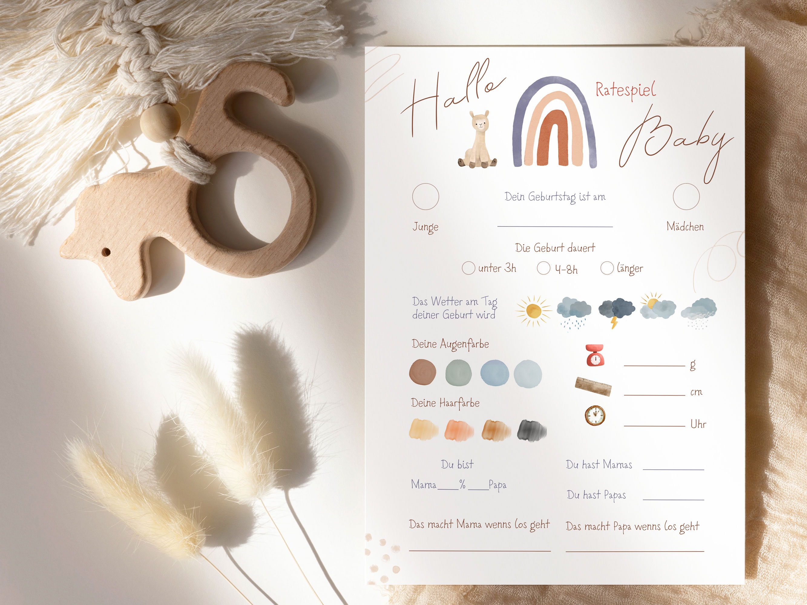 Babyparty Spiel Karte, Babyshower Tippkarte Regenbogen Lama, Ratekarte Wünsche Ausfüllkarten ...