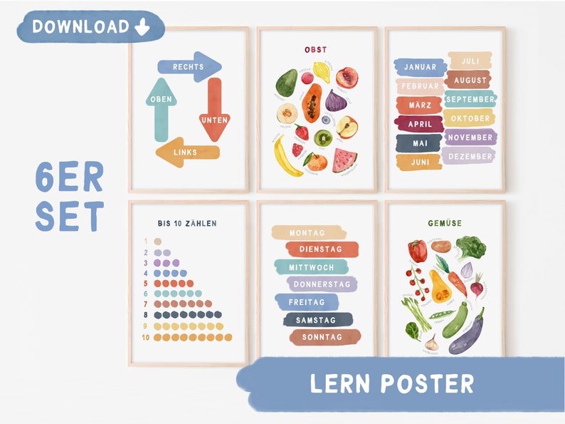 Learning Poster SET Children German | SET of 6 Posters Children's Room ...