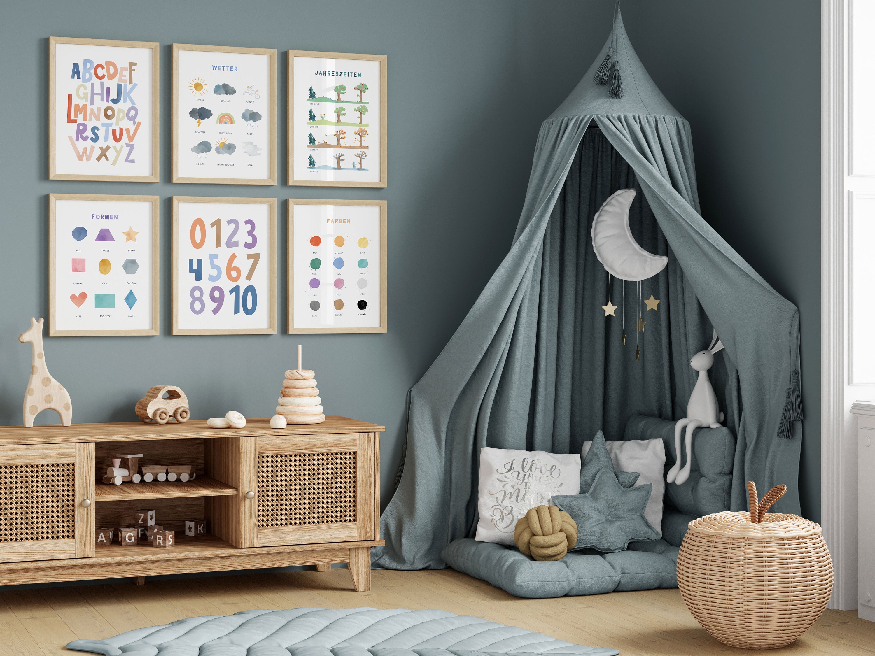 Lernposter SET Kinder deutsch | 6er SET Poster Kinderzimmer ABC Zahlen ...