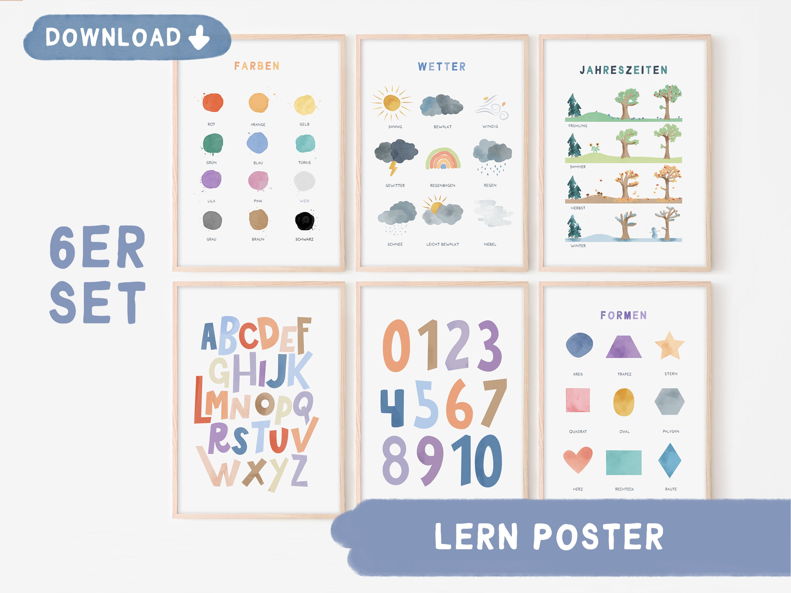 Lernposter SET Kinder deutsch | 6er SET Poster Kinderzimmer ABC Zahlen ...