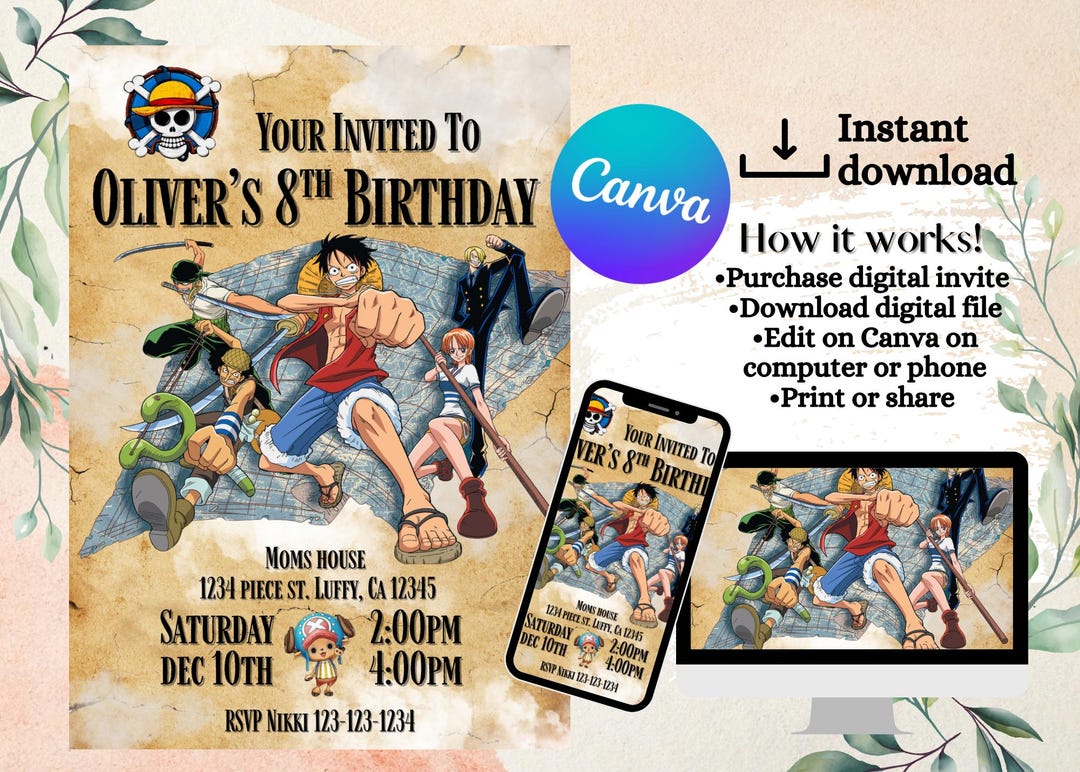 One Piece Birthday Invitation, Anime Birthday Invite, Digital Download ...