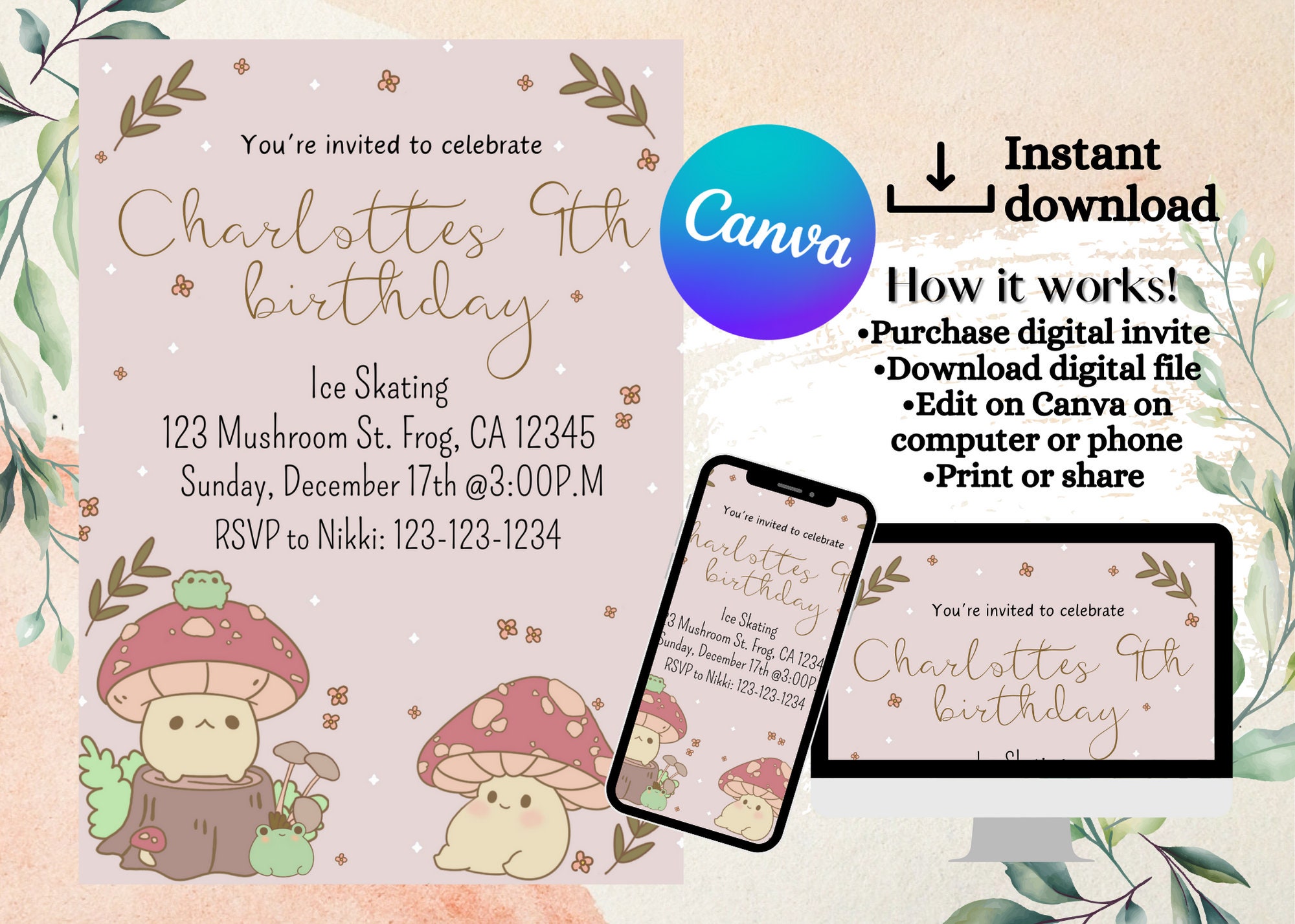 Mushroom and Frog Birthday Invitation Cottagecore Invite - Etsy