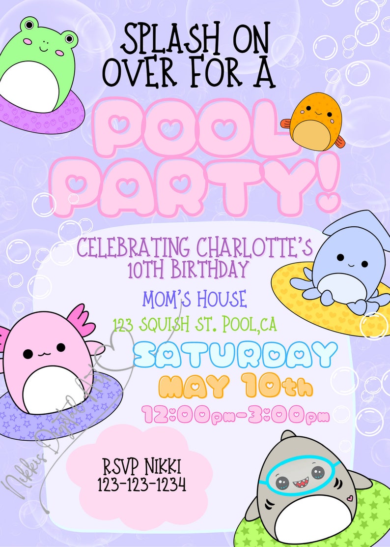 Squishmallow Birthday Invitation- Pool Party - Etsy