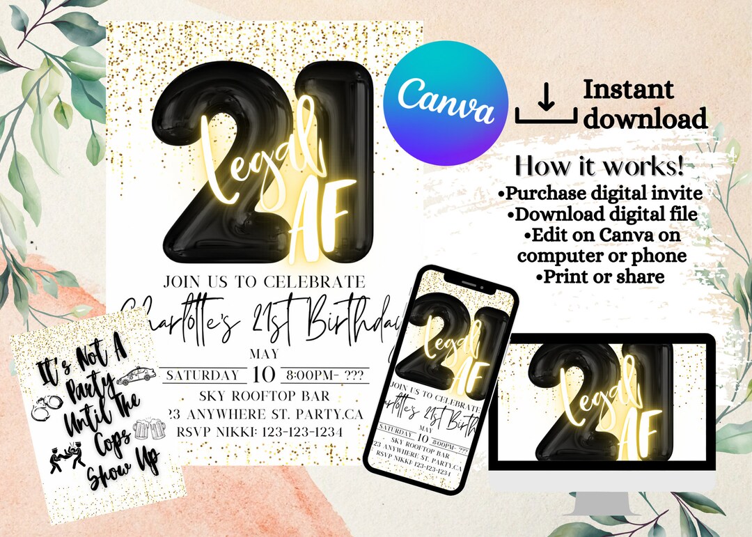 21st Birthday Invitation, Double Sided Invitation - Etsy