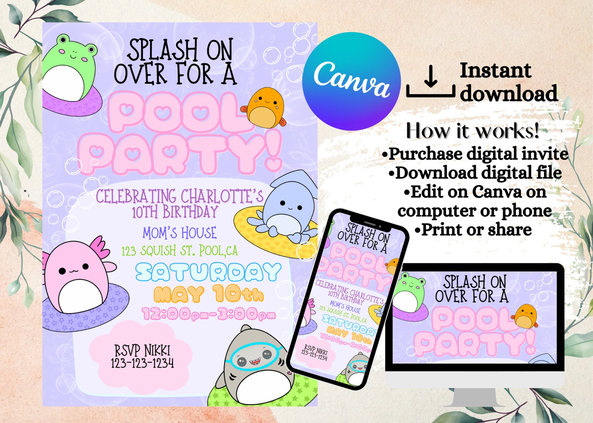 Squishmallow Birthday Invitation- Pool Party - Etsy