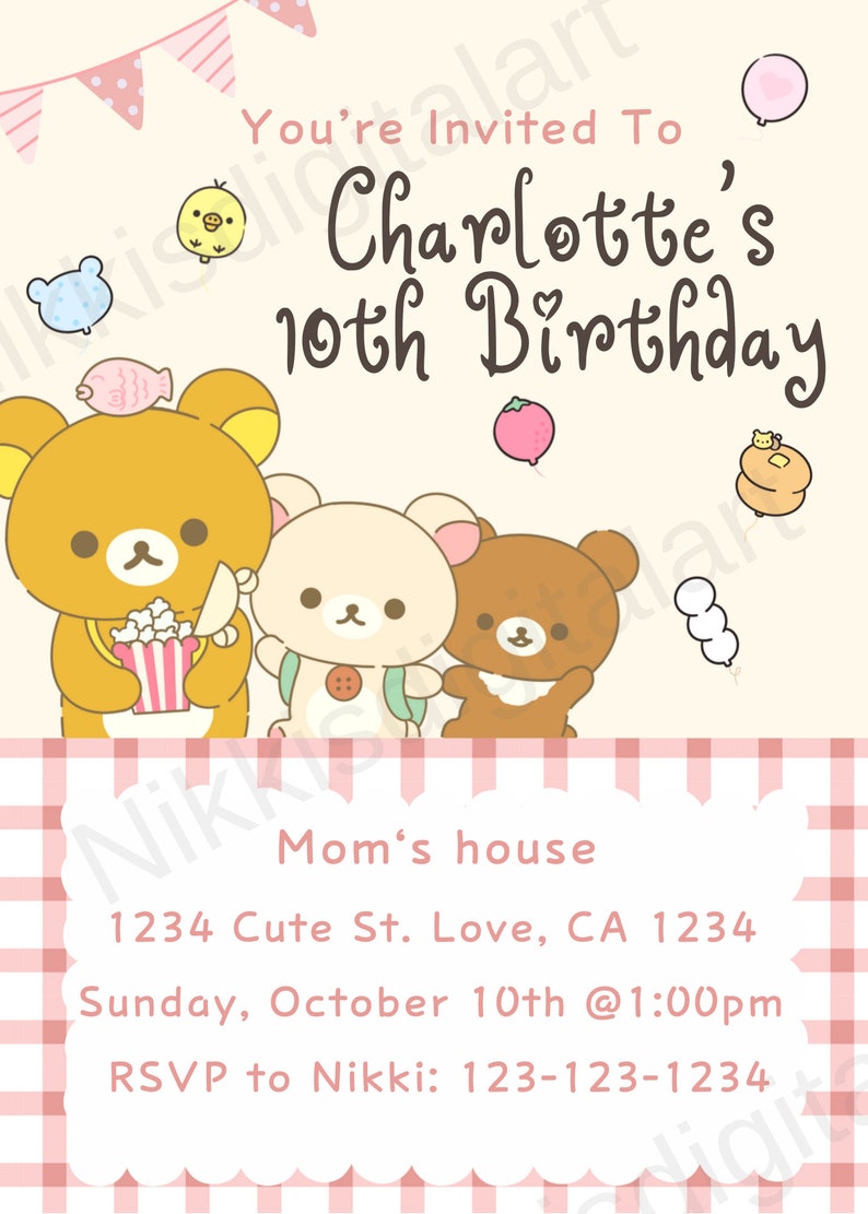 Rilakkuma Birthday Invitation, Kawaii Invite, Cute Bear Invite - Etsy