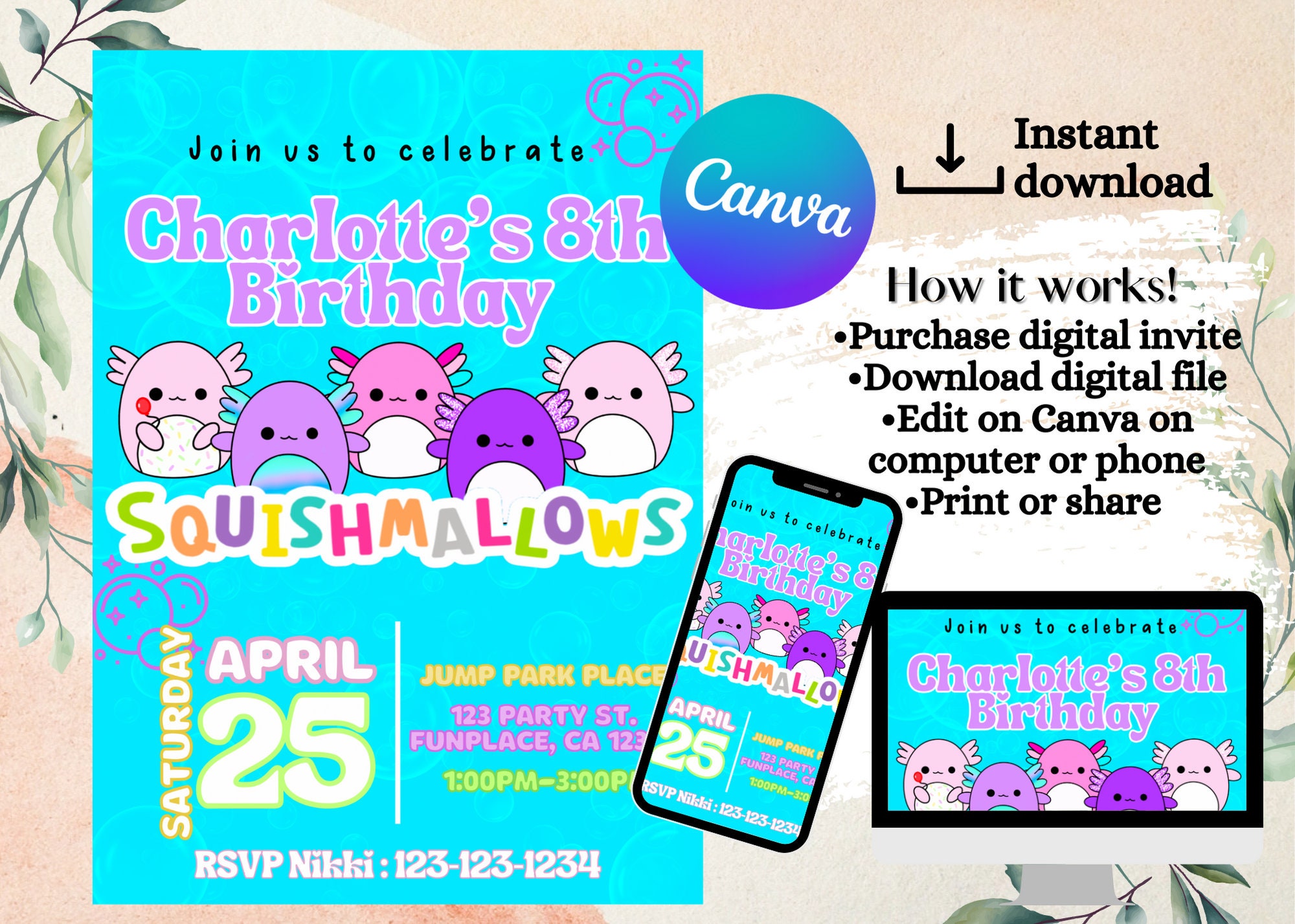 Squishmallow Birthday Invitation, Pool Party, Axolotl Birthday ...