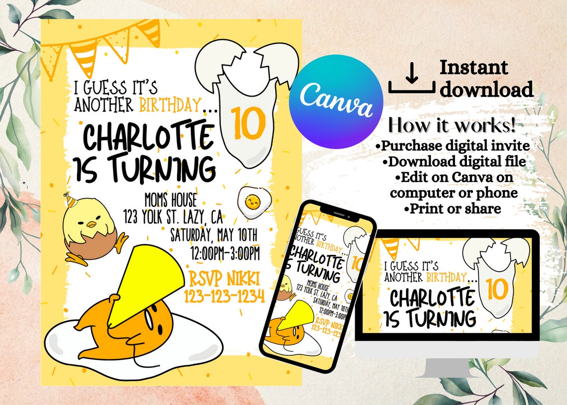 Kawaii Egg Birthday Invitation, Cute Egg, Gude Birthday Invite ...