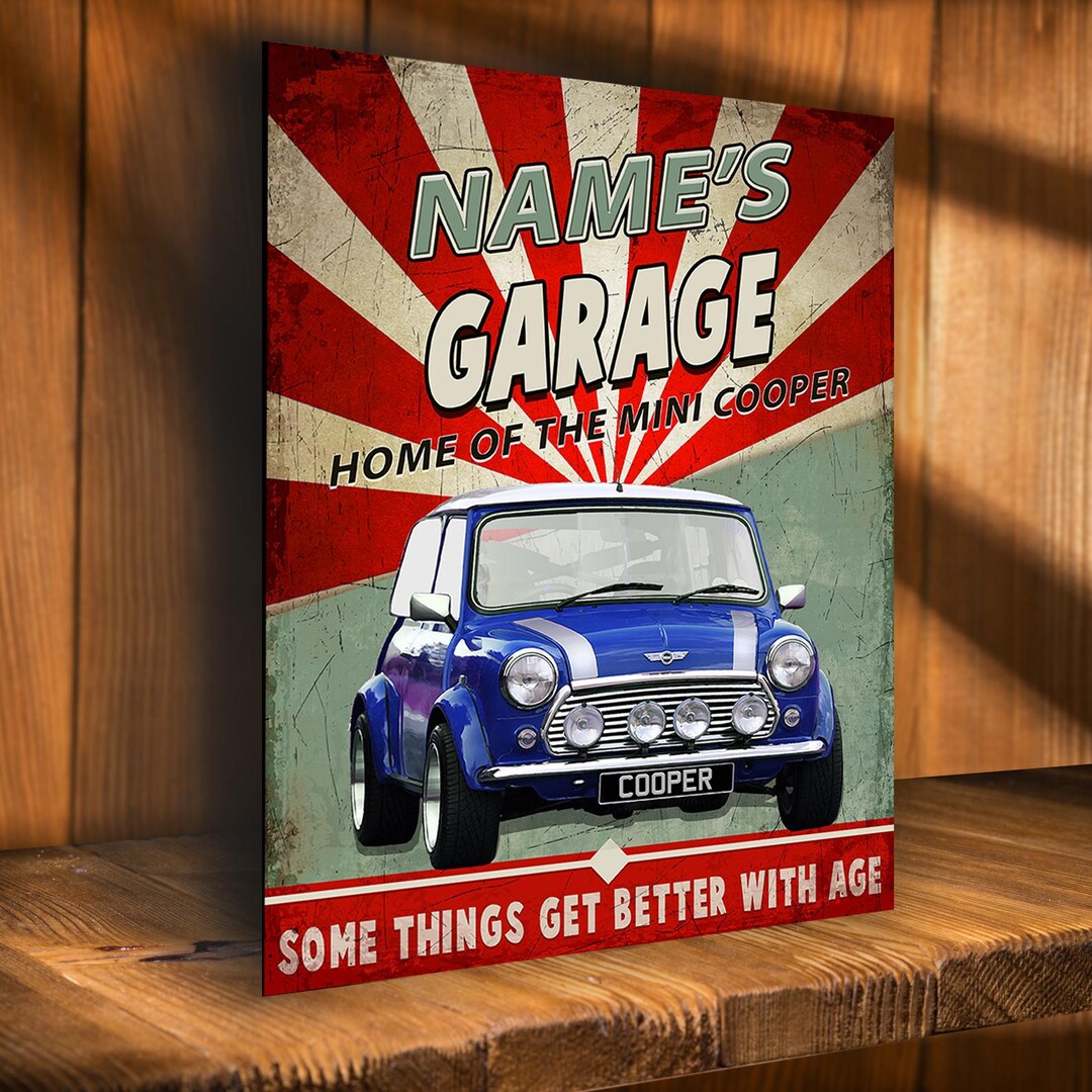 Personalised Mini Car Blue Metal Wall Sign Retro Classic Garage RS176 ...