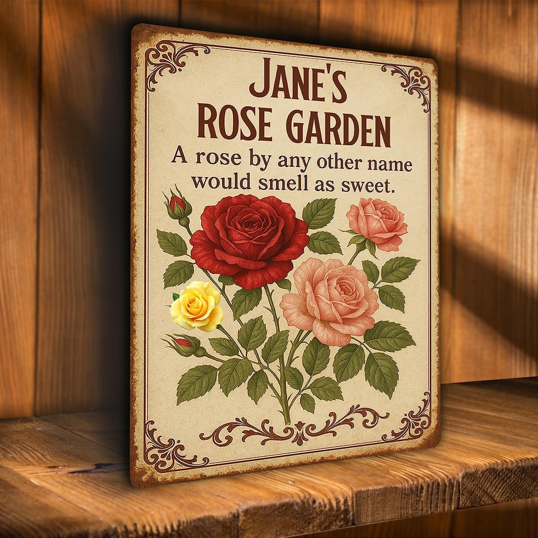 Personalised Rose Garden Sign Vintage Garden Shed Metal Wall Plaque ...