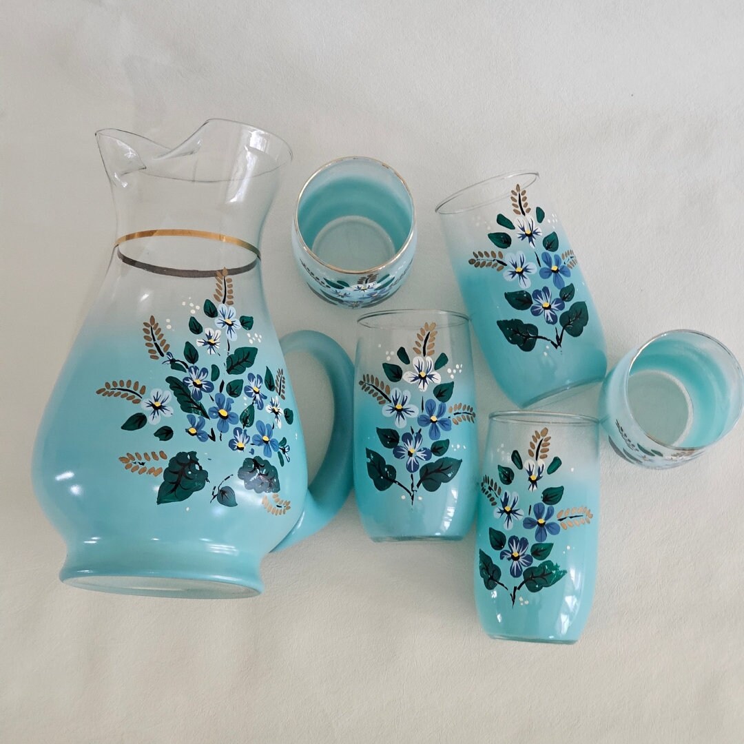 Blendo Hand-painted Turquoise Pitcher and Glasses - Etsy