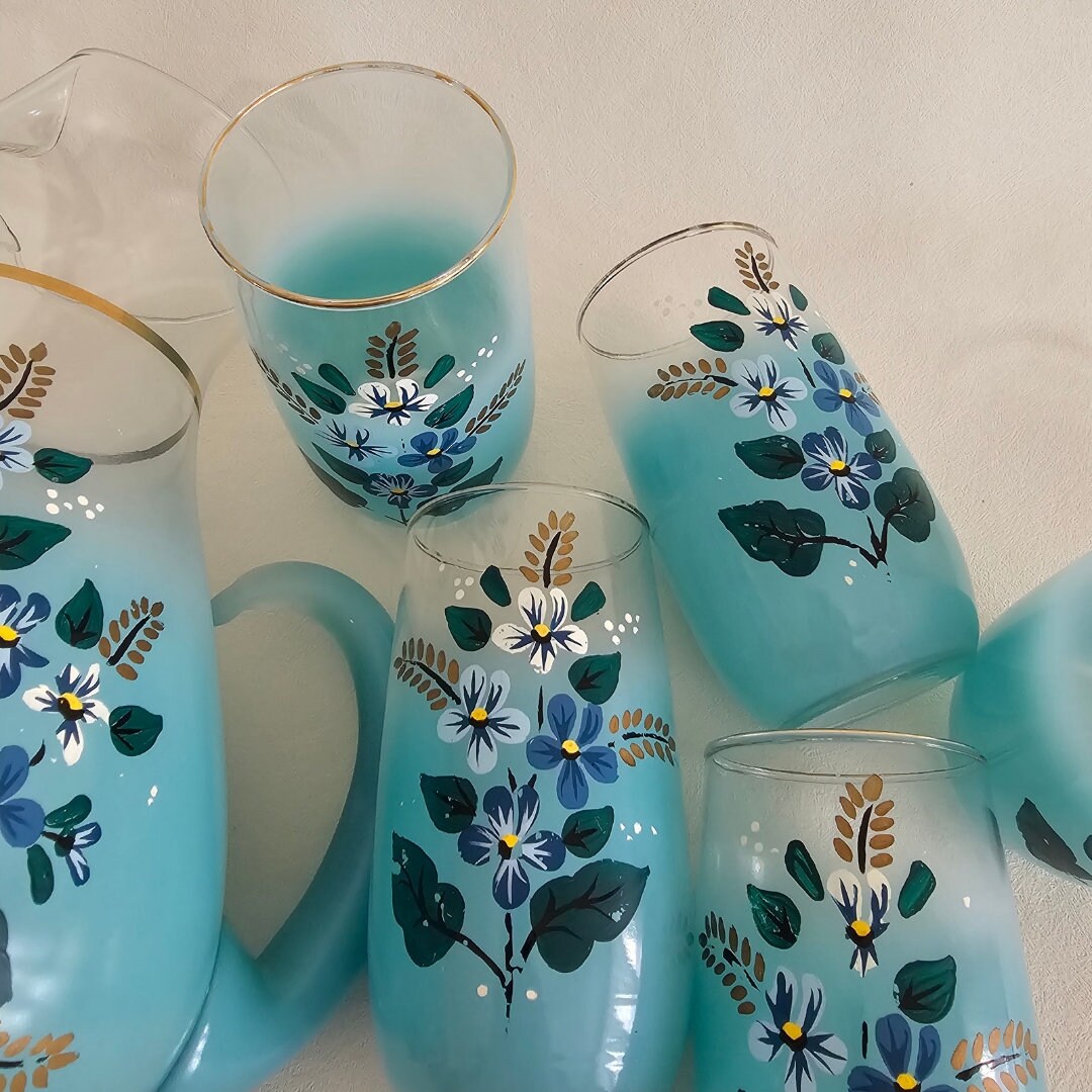Blendo Hand-painted Turquoise Pitcher and Glasses - Etsy