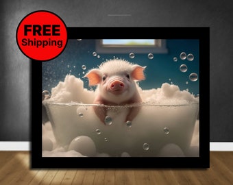Cute Baby Cow in A Bathtub Wall Art, Cow Bathing, Funny Bathroom Art ...