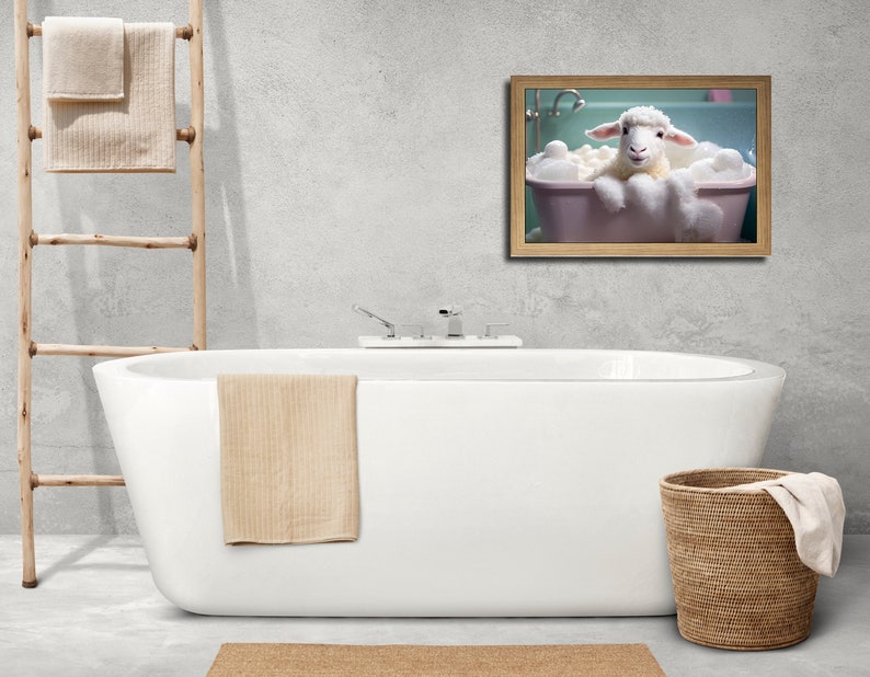 Cute Baby Lamb in A Bathtub Wall Art, Lamb Bathing, Funny Bathroom Art ...