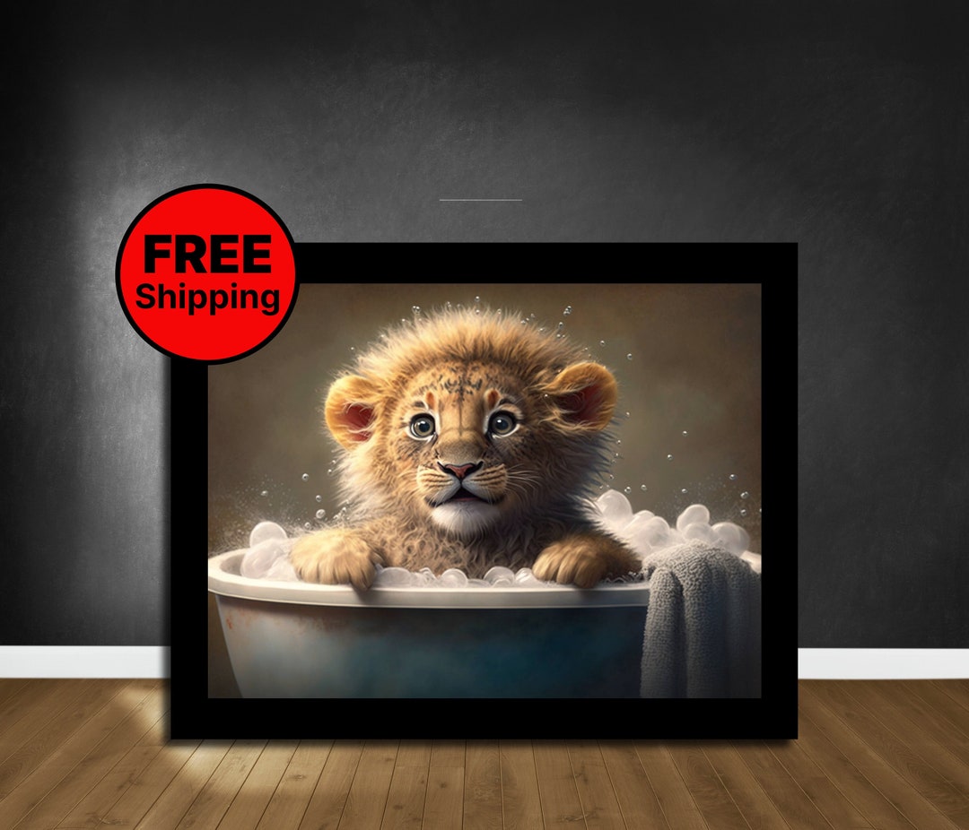 Cute Baby Lion Cub in Bathtub Wall Art, Lion Bathing, Funny Bathroom ...