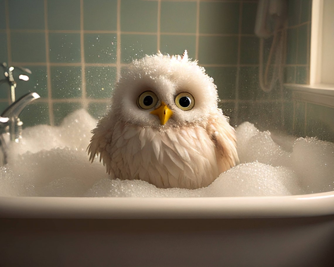 Cute Baby Owl in A Bathtub Wall Art, Owl Bathing, Funny Bathroom Art ...